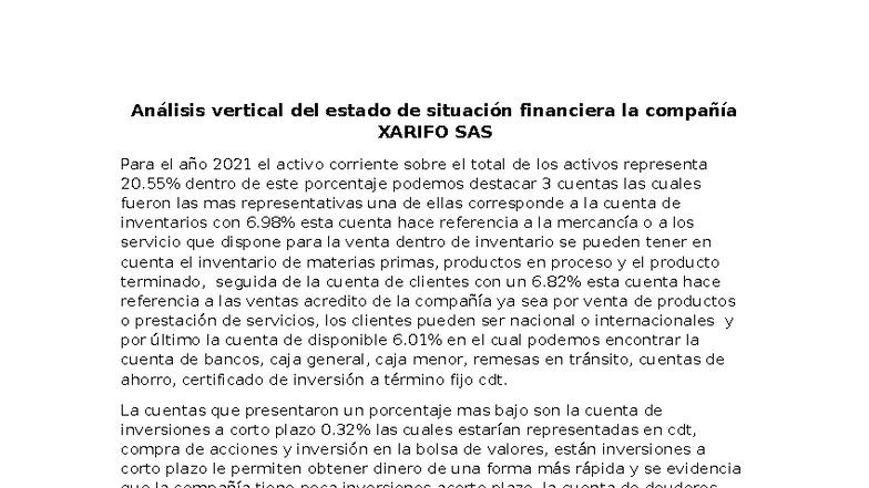 Análisis Vertical del Estado Financiero de Xarifo SAS 2021-2022 - Studocu