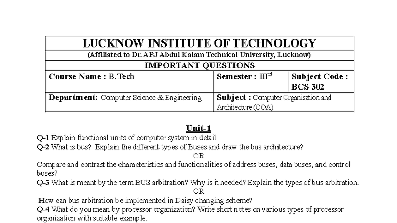 COA (BCS-302) Important Questions for Computer Organisation and Architecture - Studocu