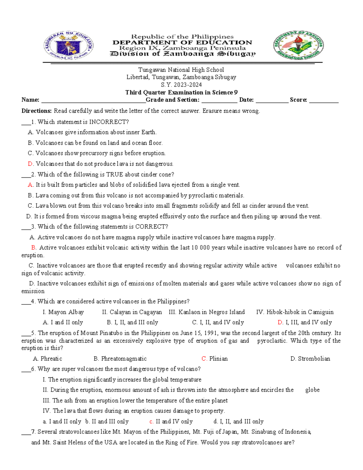 Grade 9 Science 9 3rd Quarter Exam - Test Questions & Answers - Studocu