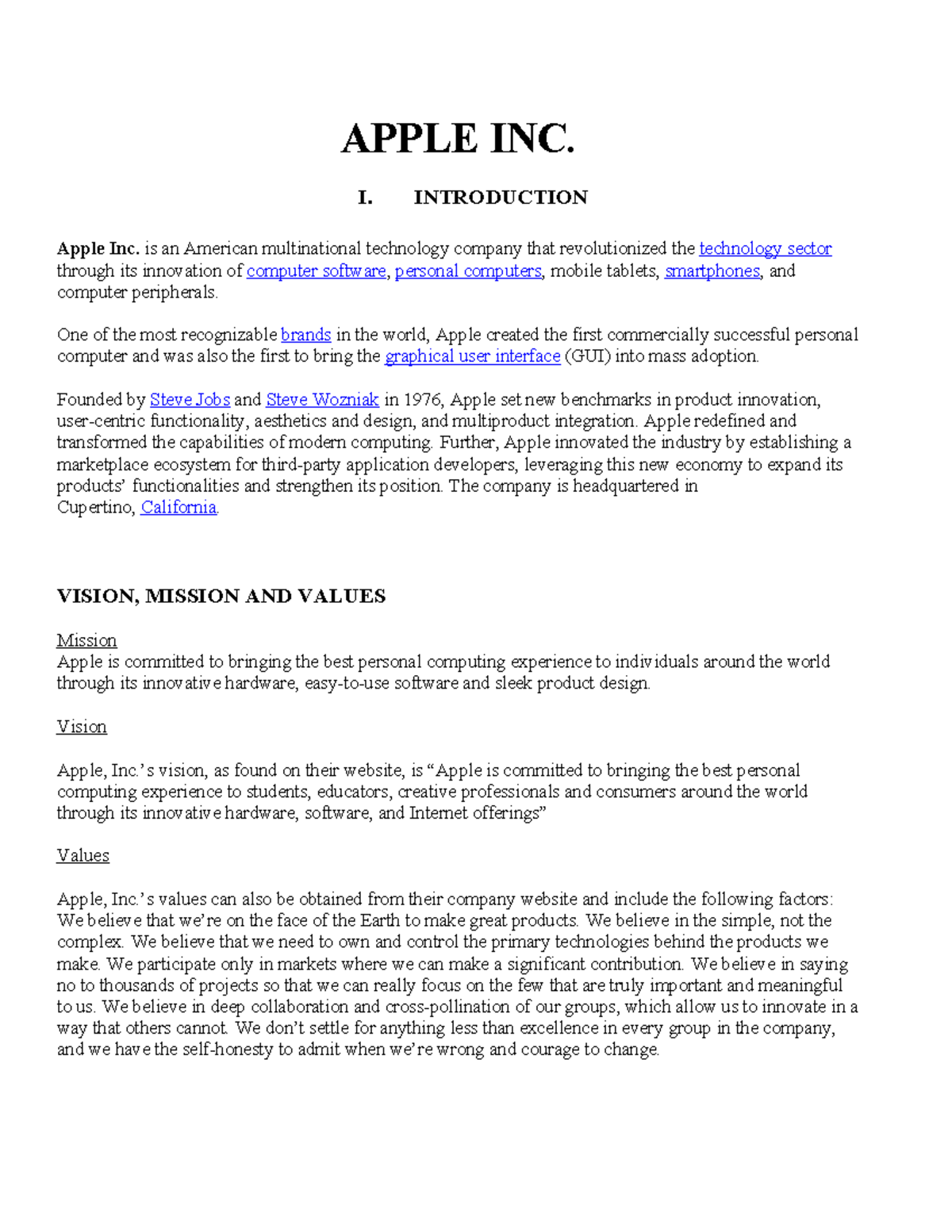 Apple INC - NHÓM 3 - APPLE INC. I. INTRODUCTION Apple Inc. is an ...