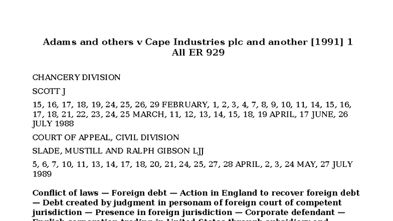 Adams & Others v Cape Industries plc: Key Legal Insights [1991] 1 All ...