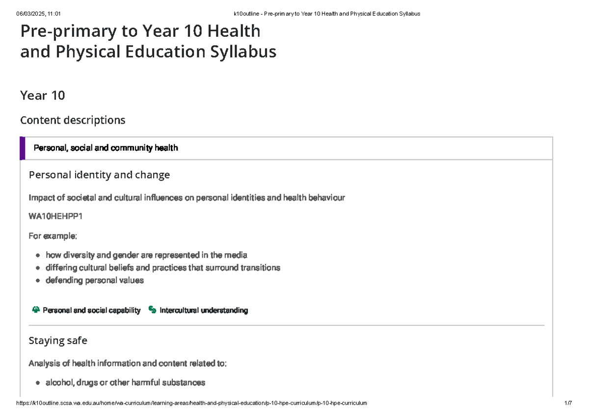 Year 10 Health & PE Syllabus Overview: Key Concepts & Skills WA10HEHPP1 ...