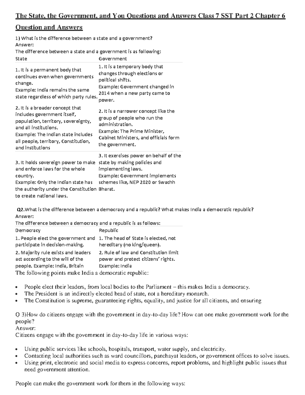 Class 7 SST - The State, Government, and Citizen Engagement Notes - Studocu