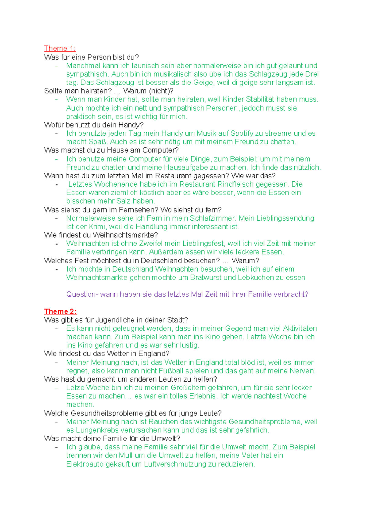 German Speaking: Detailed Themes on Personal Life and School ...