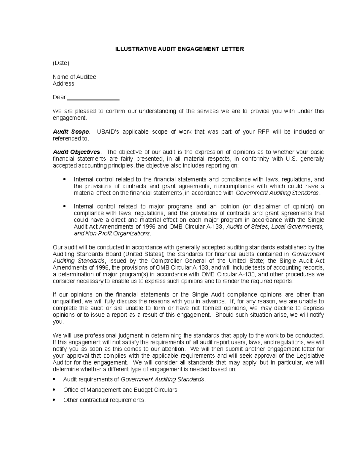 Audit Engagement Letter Outline for Financial Statement Review - Studocu