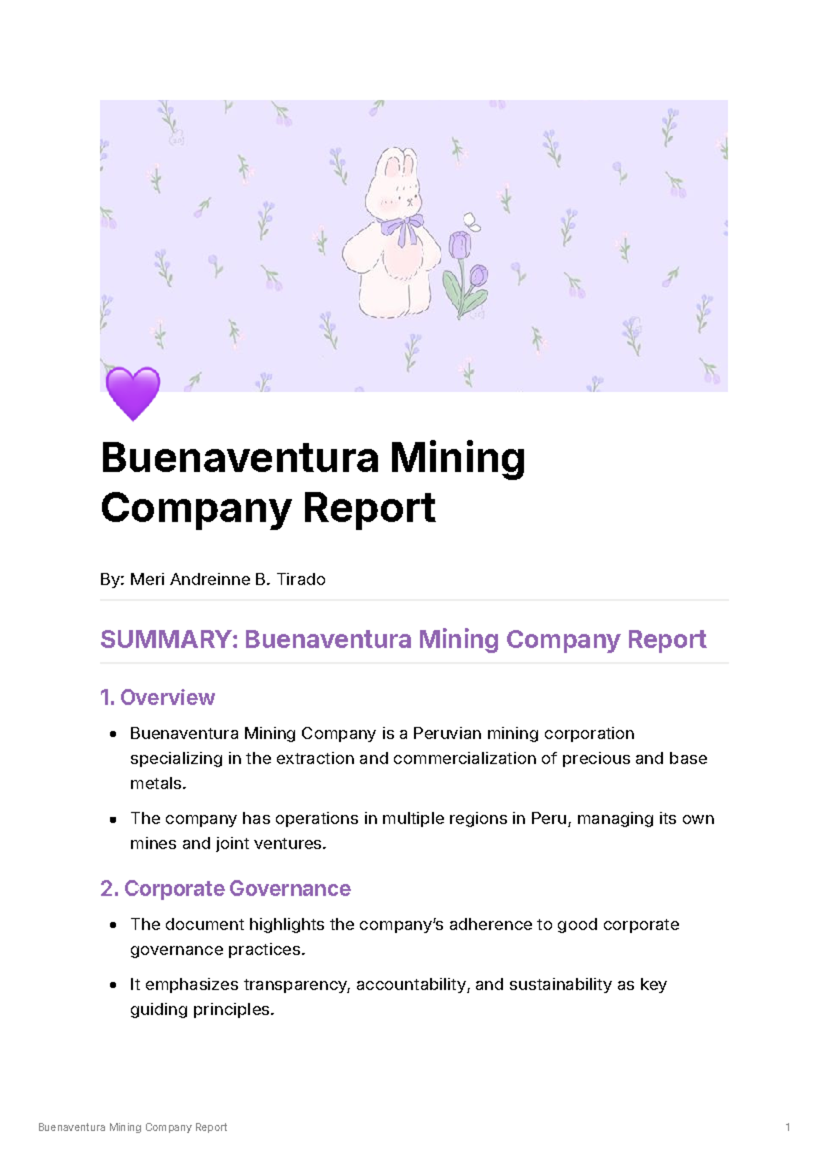 Buenaventura Mining Company Overview & Summary Report 1 - Studocu