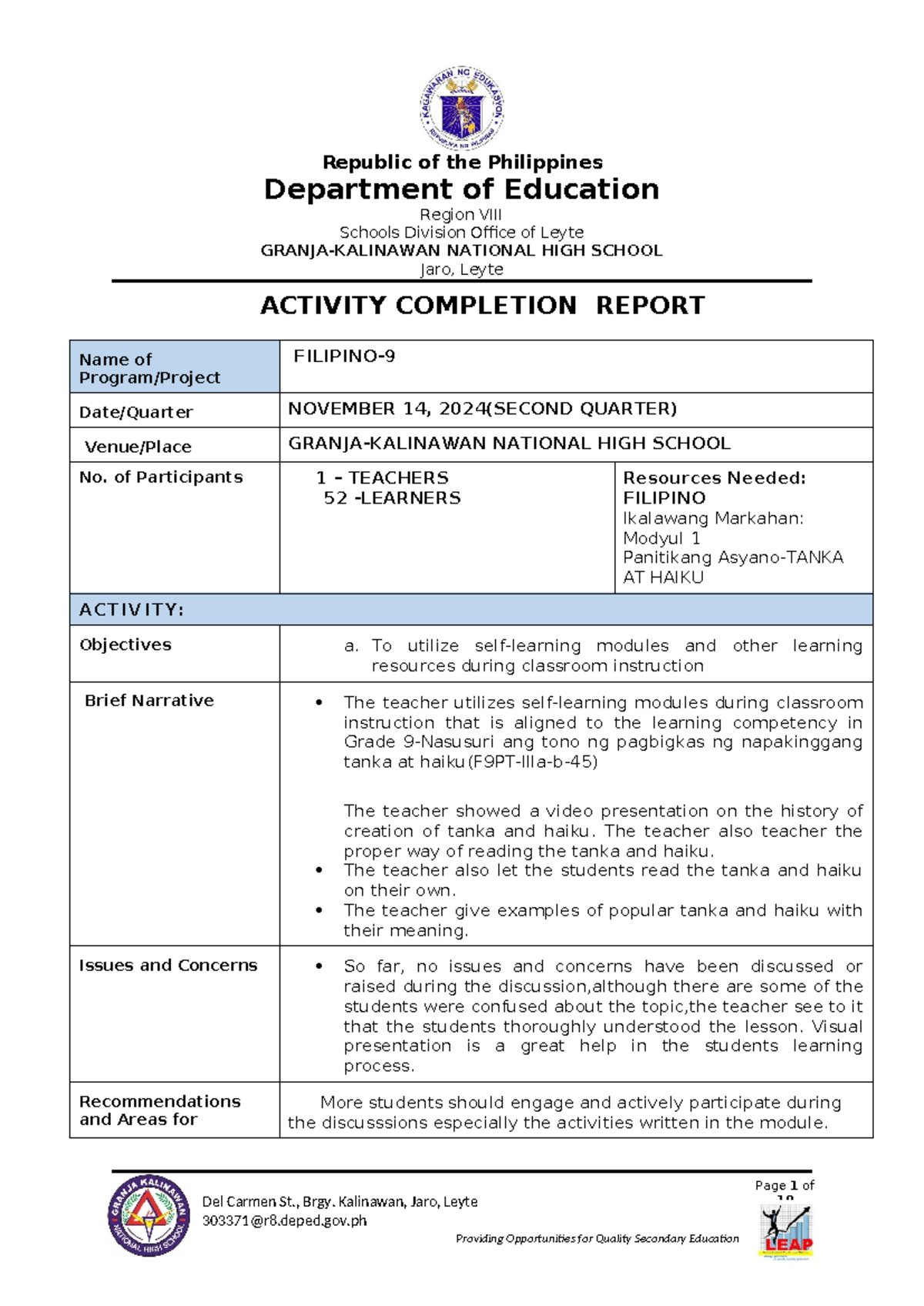 GKNHS ACR: Utilization of Learning Resources in Filipino Modules - Studocu