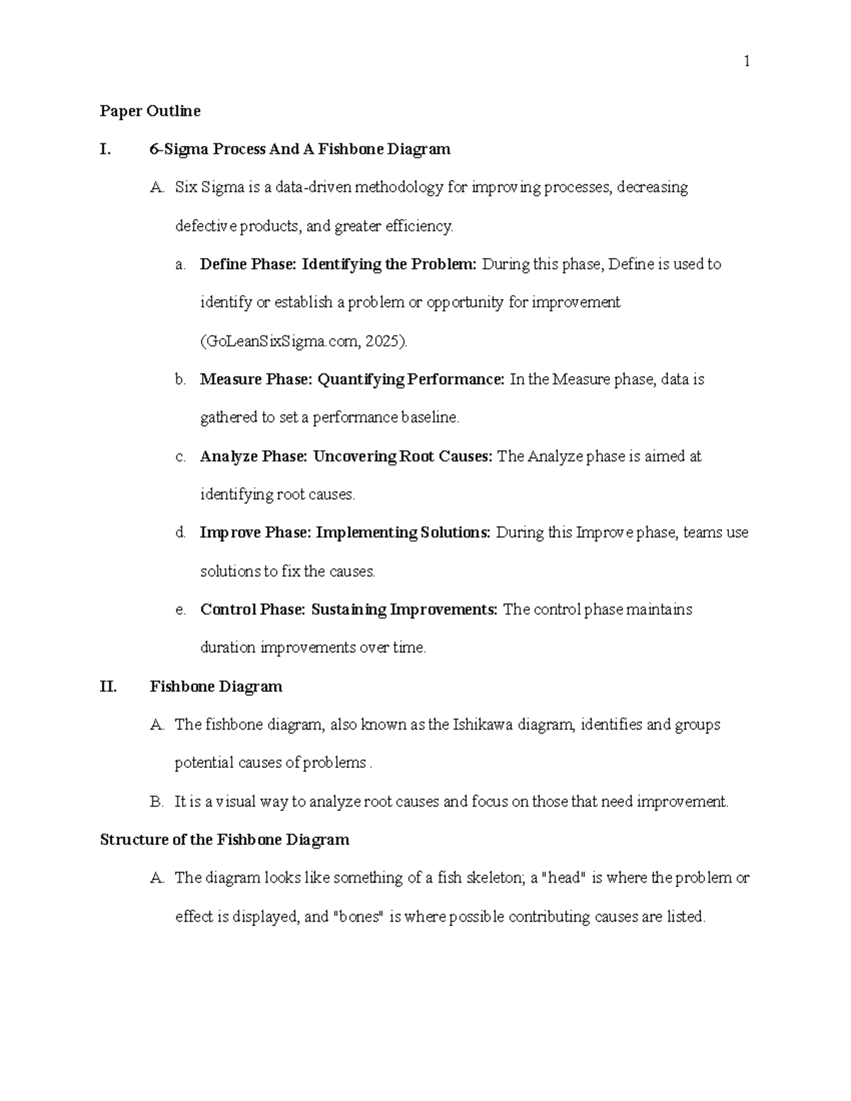 Paper Outline Six Sigma I - 1 Paper Outline I. 6-Sigma Process And A ...