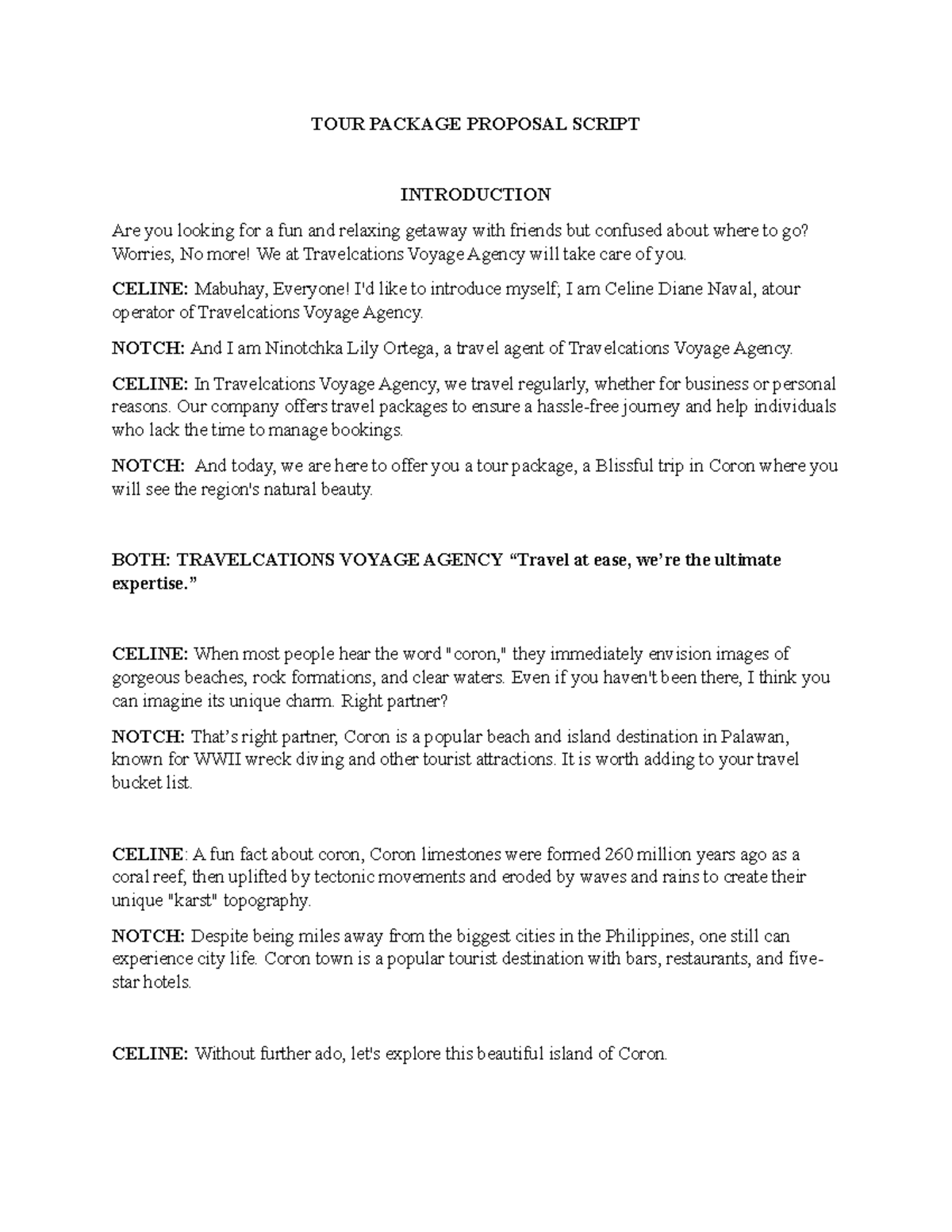 TOUR Package Proposal Script for a 3-Day Blissful Trip in Coron - Studocu