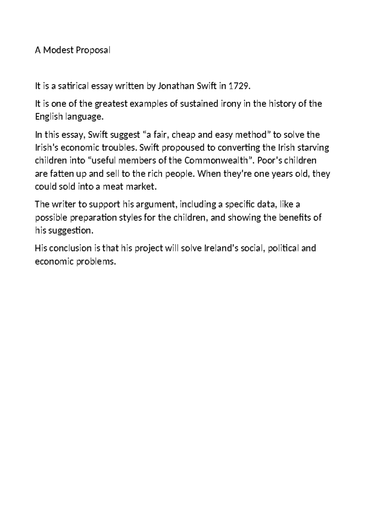 A modest proposal - A Modest Proposal It is a satirical essay written ...