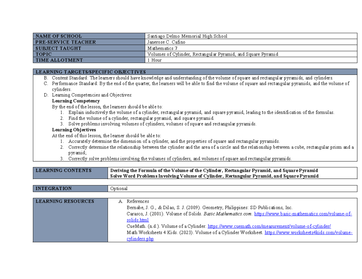 Math 7 Final Exam: Volume of Cylinders and Pyramids Overview - Studocu