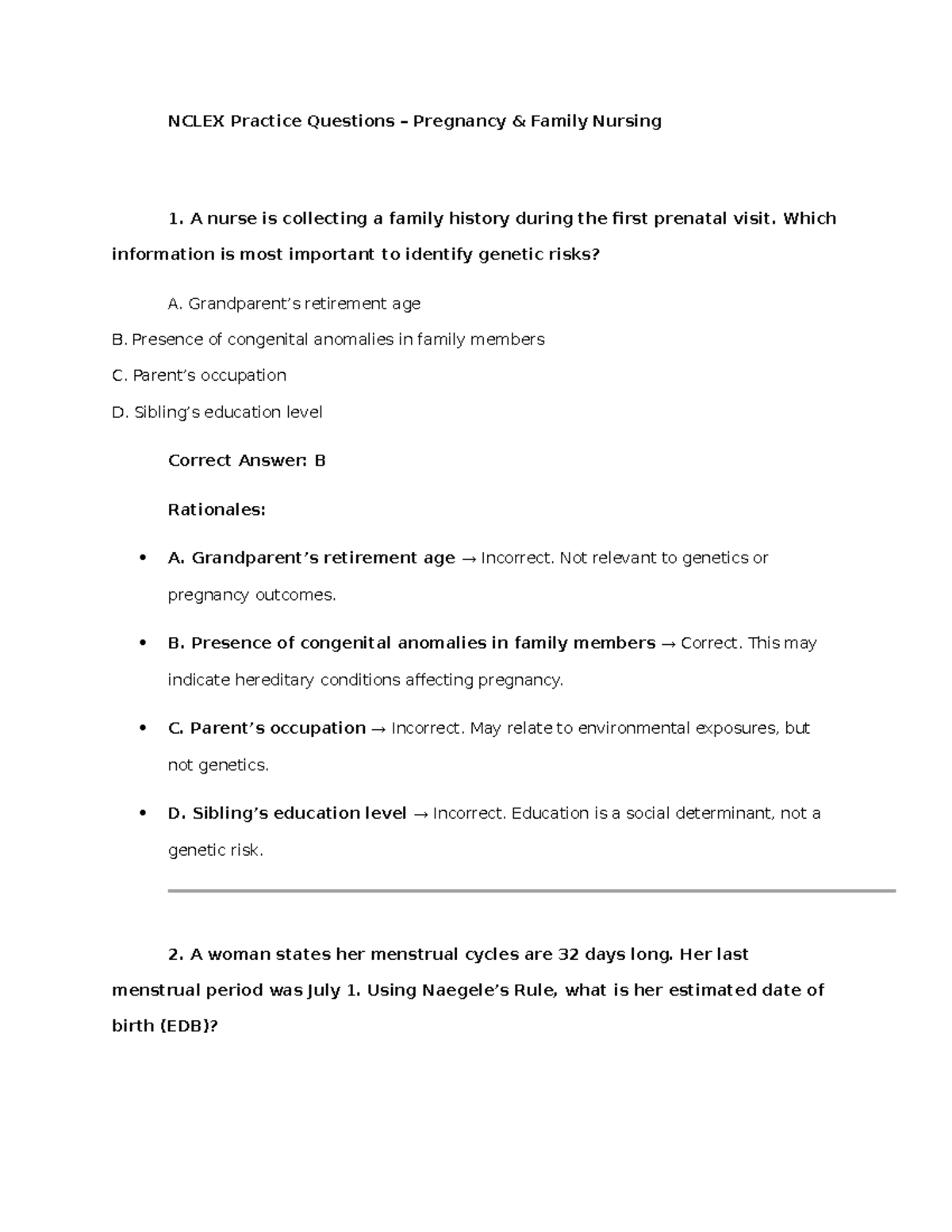 NCLEX Practice Questions: Maternity & Newborn Nursing Notes - Studocu