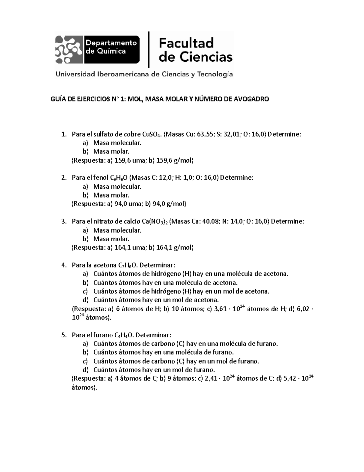 Guía de Ejercicios N° 1: Moles, Masa Molar y Número de Avogadro - Studocu