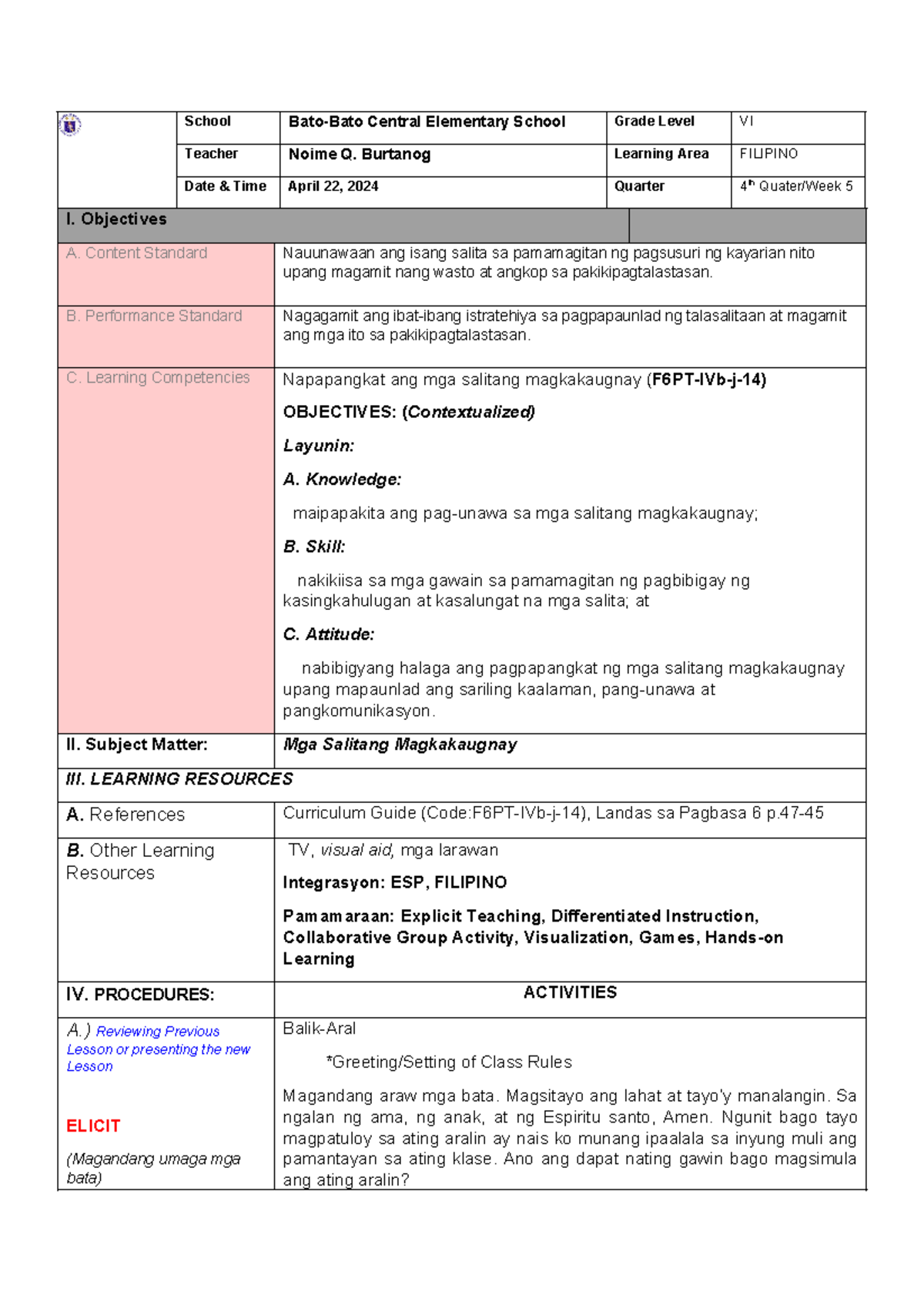 Filipino-6 - Lesson Plan on Related Words and Communication Skills ...
