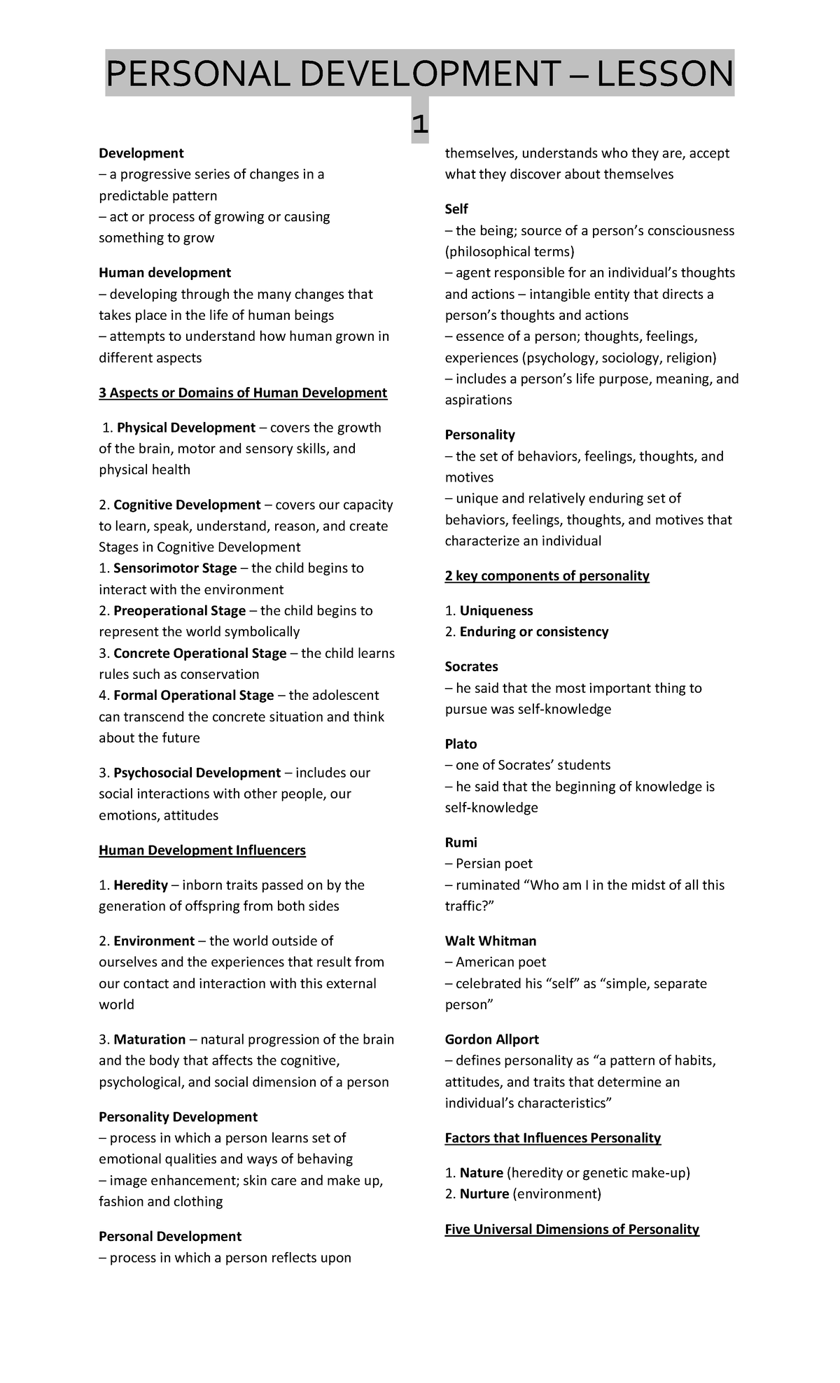 Personal Development 1: Lesson on Human & Personality Growth - Studocu