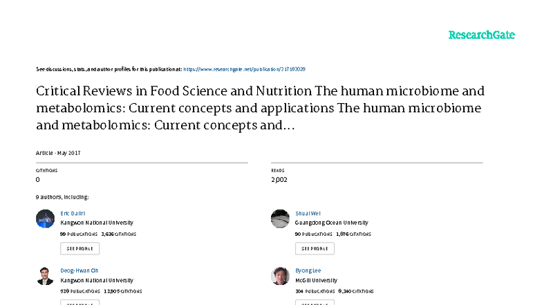 The Human Microbiome and Metabolomics: Concepts & Applications (CIT ...