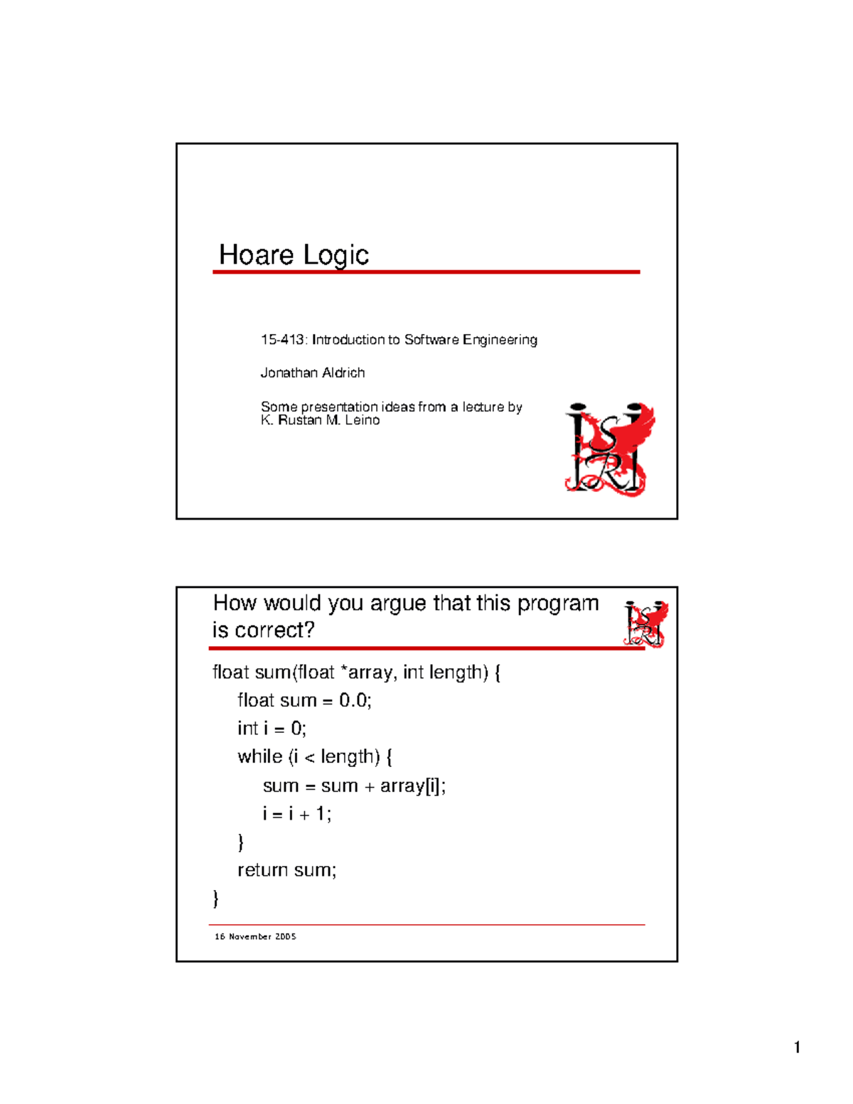 24-hoare - Teddy bear - Hoare Logic 15-413: Introduction to Software Engineering Jonathan ...