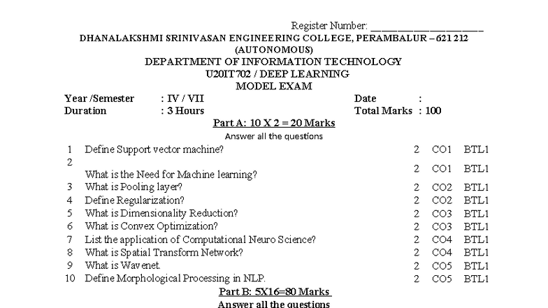 U20IT702 Deep Learning Model Exam Set 2 Questions - Studocu