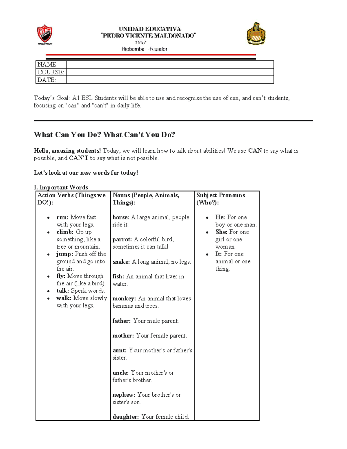 A1 ESL Lesson: Understanding "Can" and "Can't" for Daily Life - Studocu