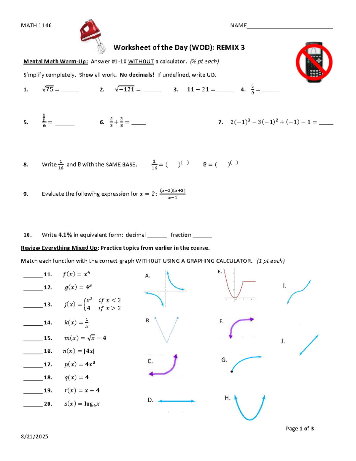 MATH 1146 WOD Remix 3: Mental Math & Polynomial Functions Worksheet ...