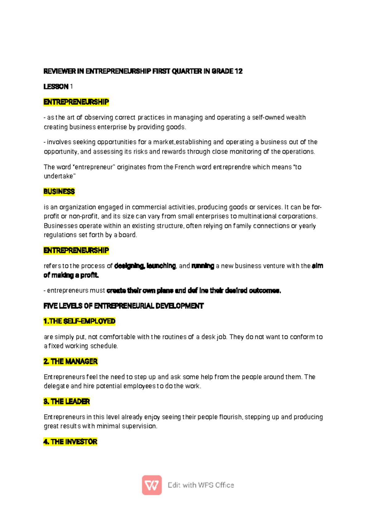 ENTREP 1 - REVIEWER FOR GRADE 12 ENTREPRENEURSHIP FIRST QUARTER - Studocu