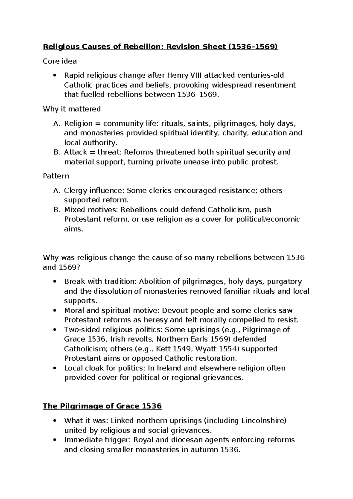 Tudor Rebellion: Religious Causes Revision Sheet (HIST 101) - Studocu