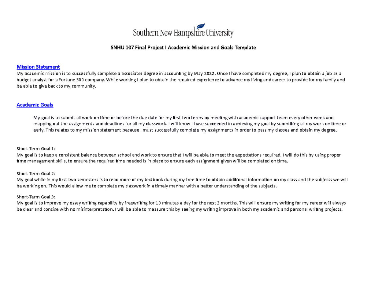 Academic Mission-Statement and Goals Personal misstion statement - SNHU ...