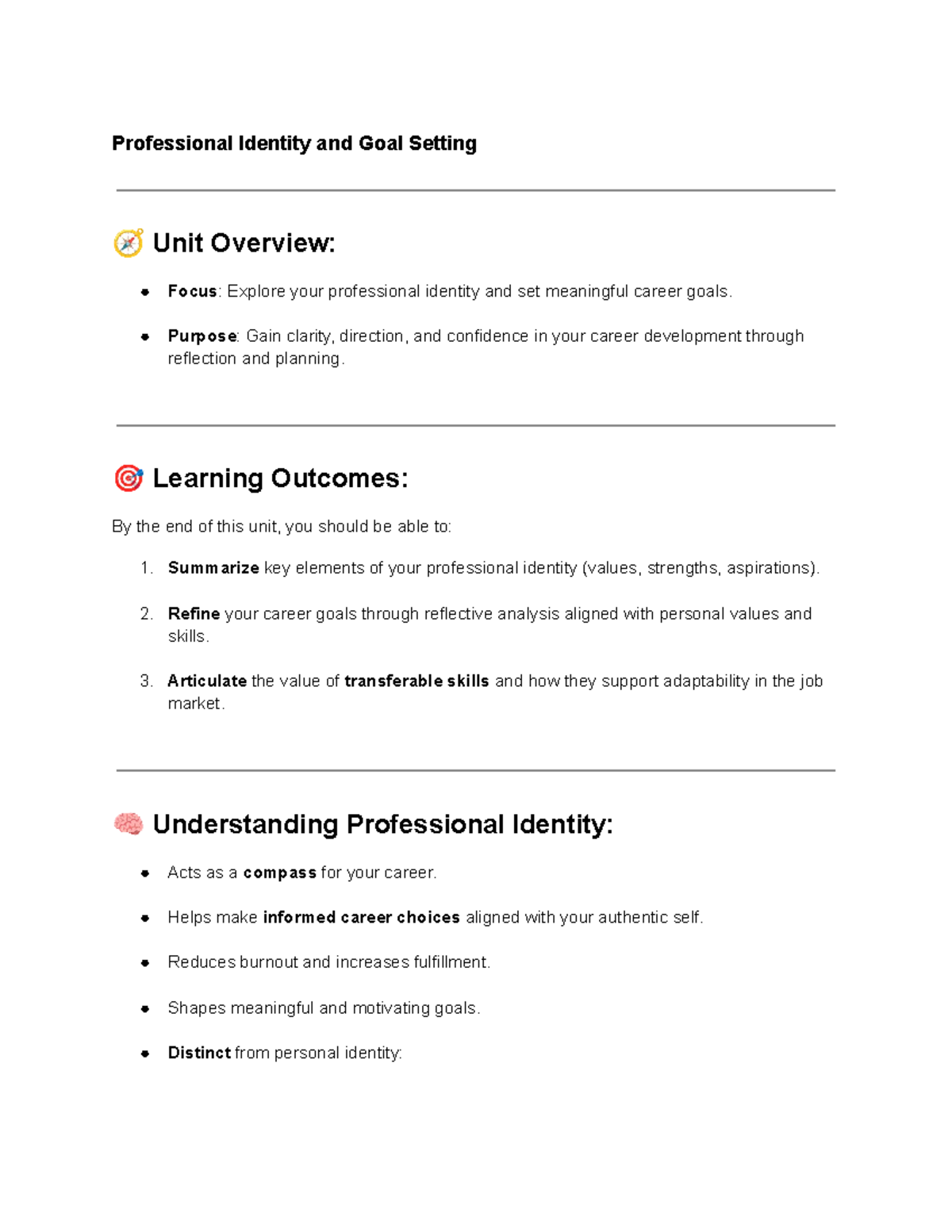Unit 01 - Professional Identity & Goal Setting Overview - Studocu