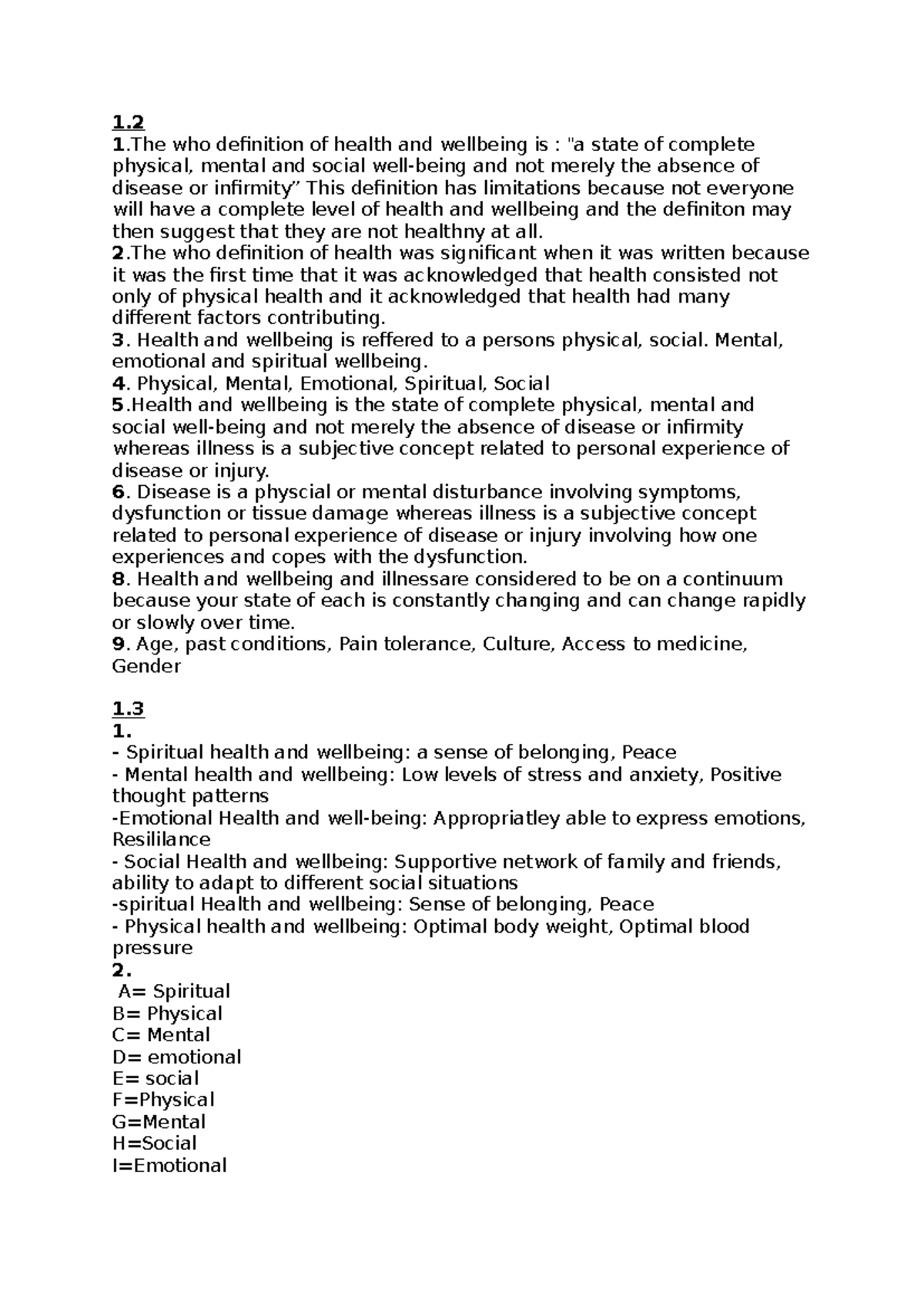 HHD Checkpoint Questions: Understanding Health & Wellbeing Concepts ...