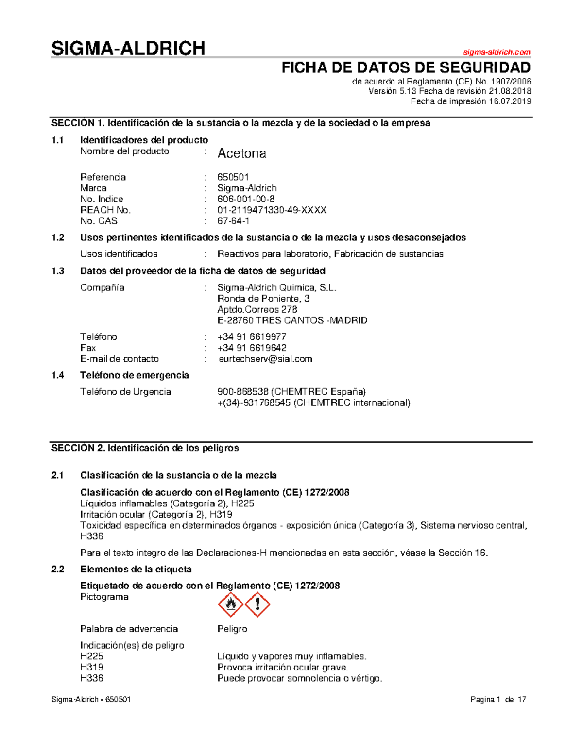 FICHA DE DATOS DE SEGURIDAD DE ACETONA - REGLAMENTO (CE) No. 650501 ...