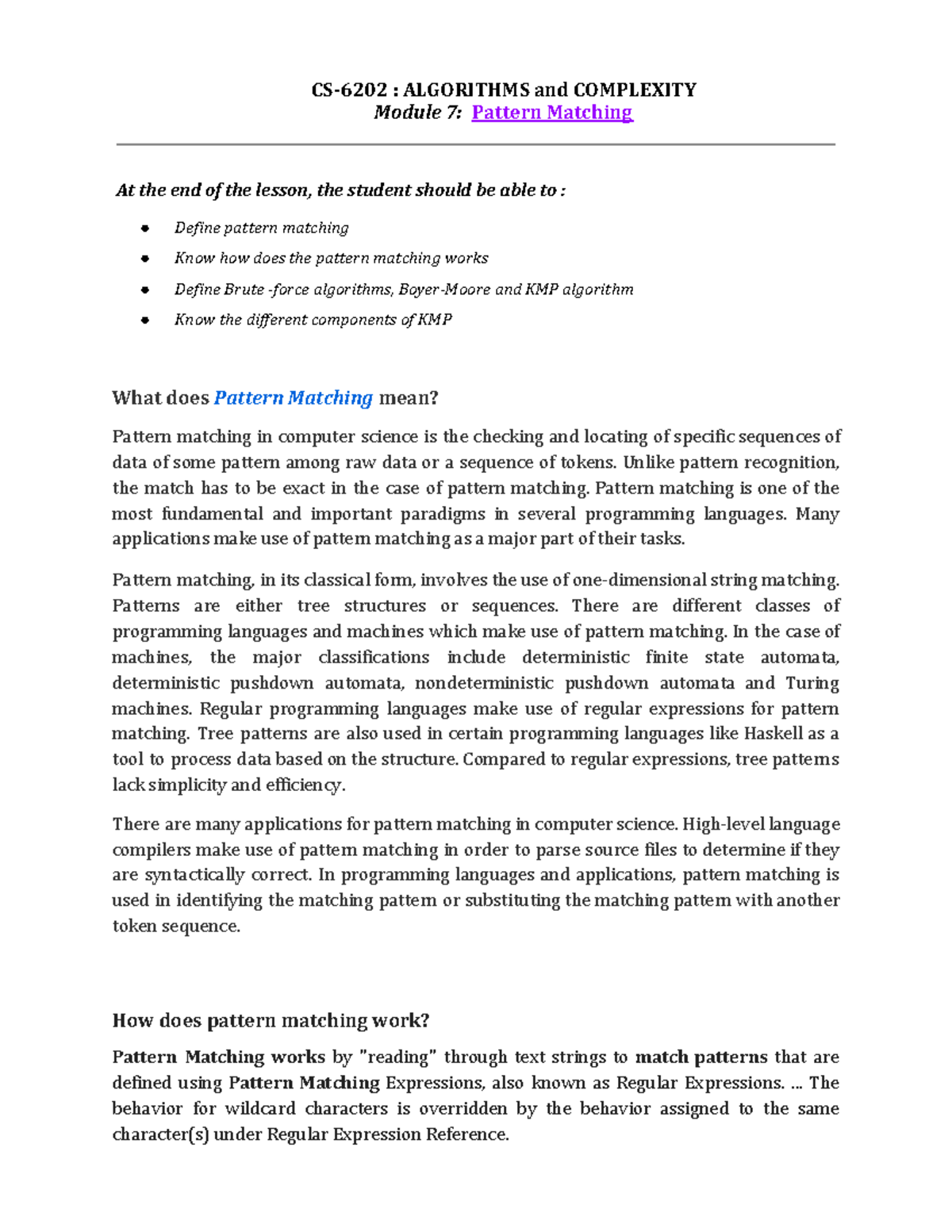 Module 7 - Pattern Matching Concepts and Algorithms Overview - Studocu