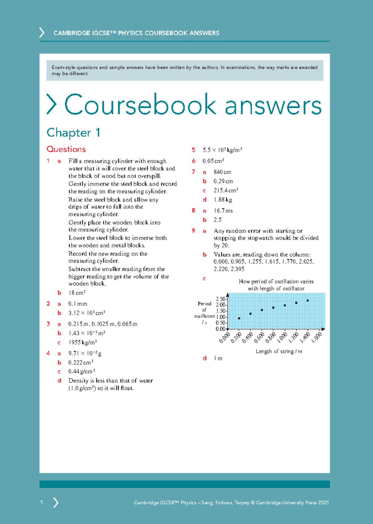 Physics coursebook answer keys - Coursebook answers Chapter 1 Questions 1 a Fill a measuring ...