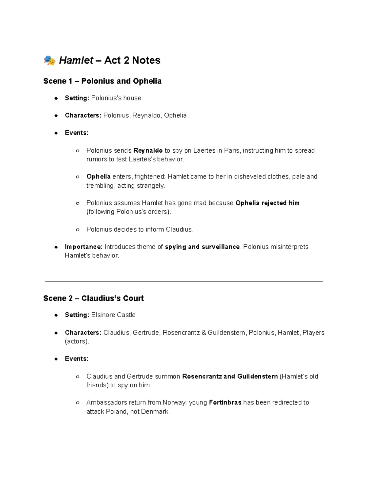 Hamlet (ENG 101) Act 2 Scene Notes: Madness, Spying & Theater - Studocu