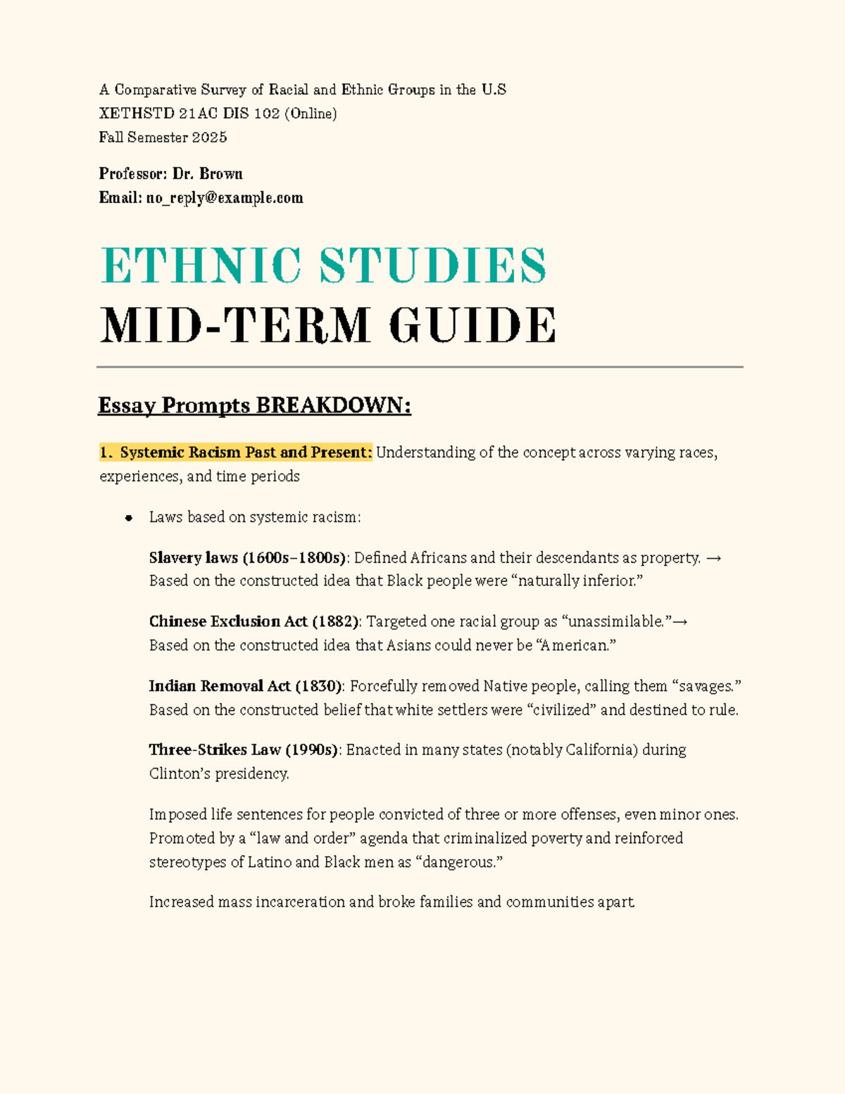 Ethnic Studies Mid-Term Guide: Systemic Racism & Its Impact (XETHSTD ...