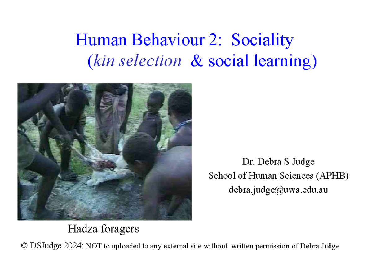 30. Hum Behav 2 - NOTES - Human Behaviour 2: Sociality ( kin selection ...