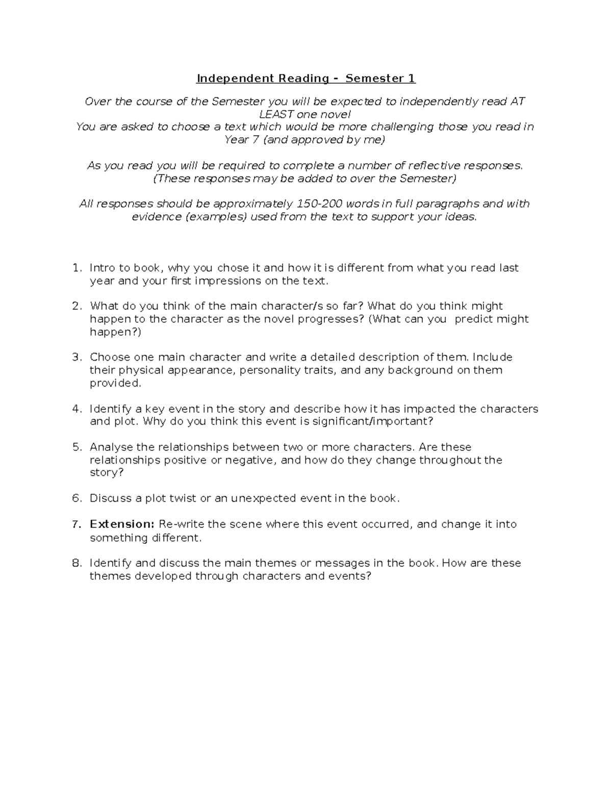 Independent Reading - Semester 1 Reflection Guide - Studocu