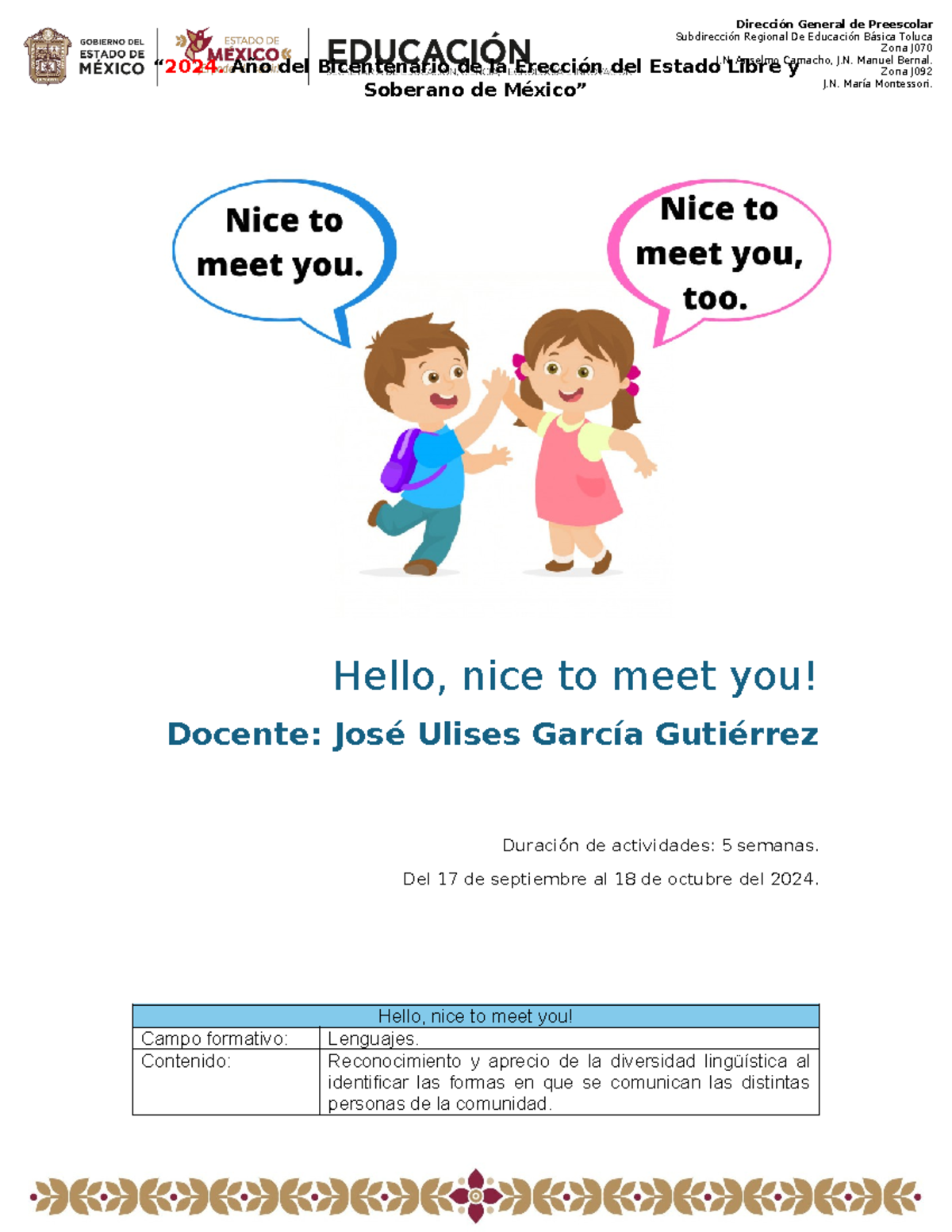Hello, nice to meet you! - Lesson Plan for Kindergarten (2024) - Studocu