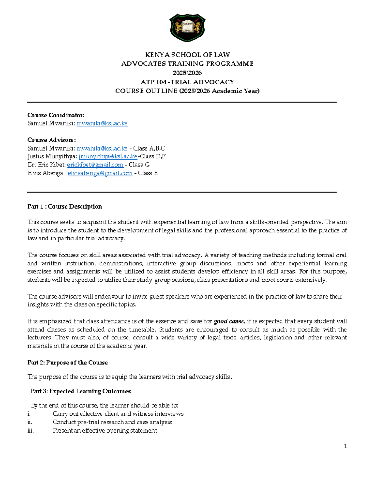 ATP 104 - Trial Advocacy Course Outline for 2025/2026 - Studocu