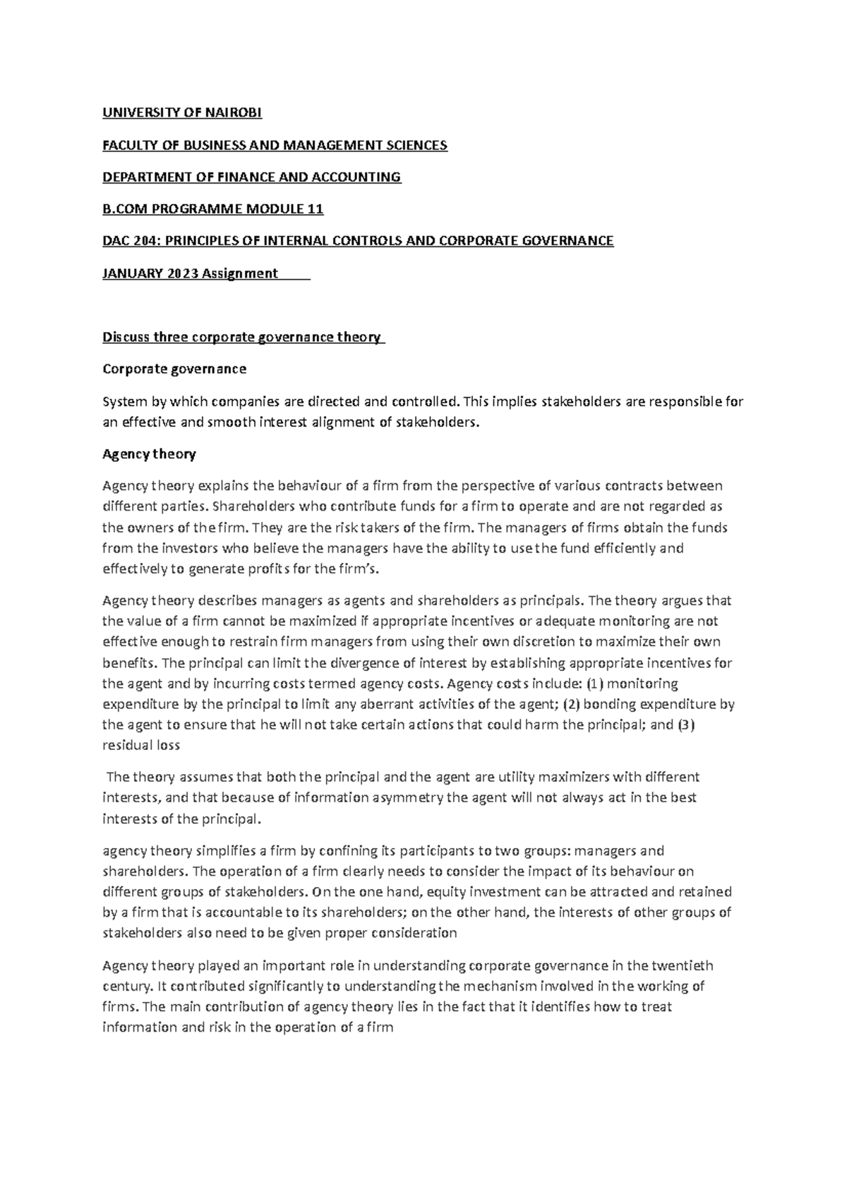 DAC 204: Agency Theory Assignment on Corporate Governance Theories ...