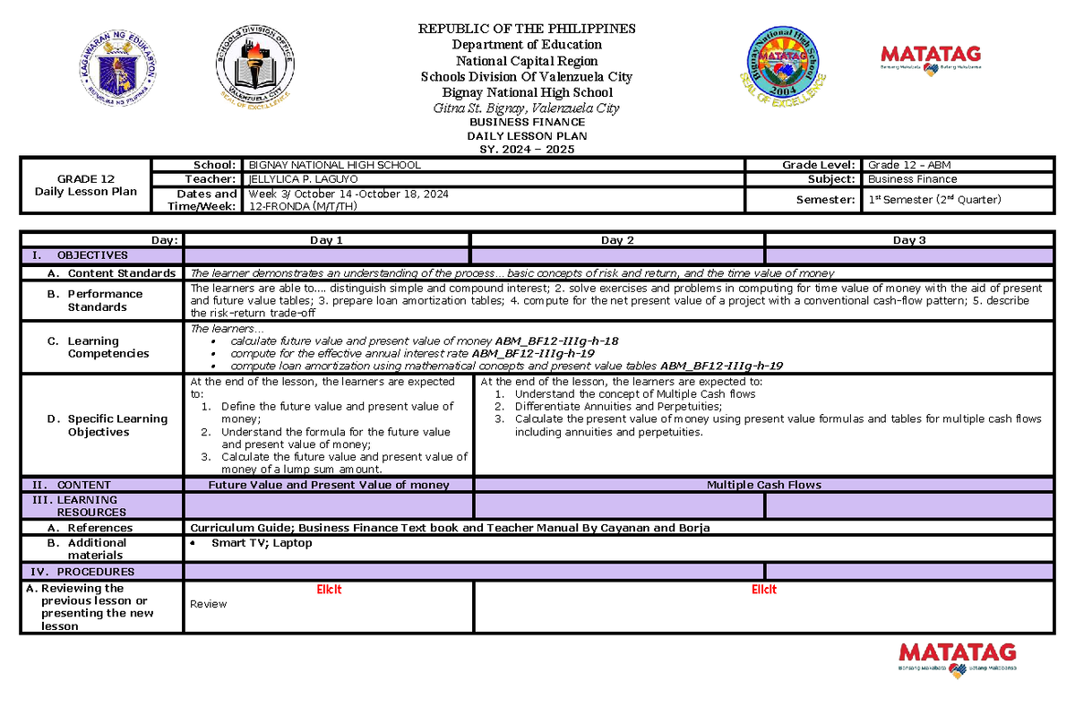 DLP Q2 W3 BUS - Grade 12 Business Finance Daily Lesson Plan - Studocu
