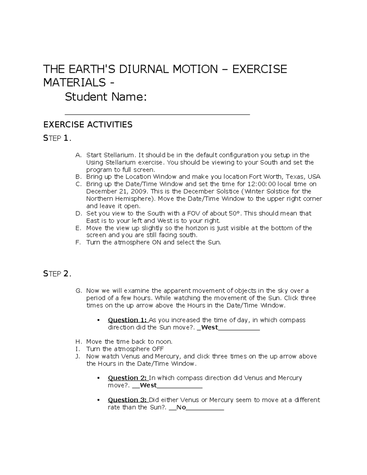 Earth's Diurnal Motion Exercise: Observations and Questions - Studocu