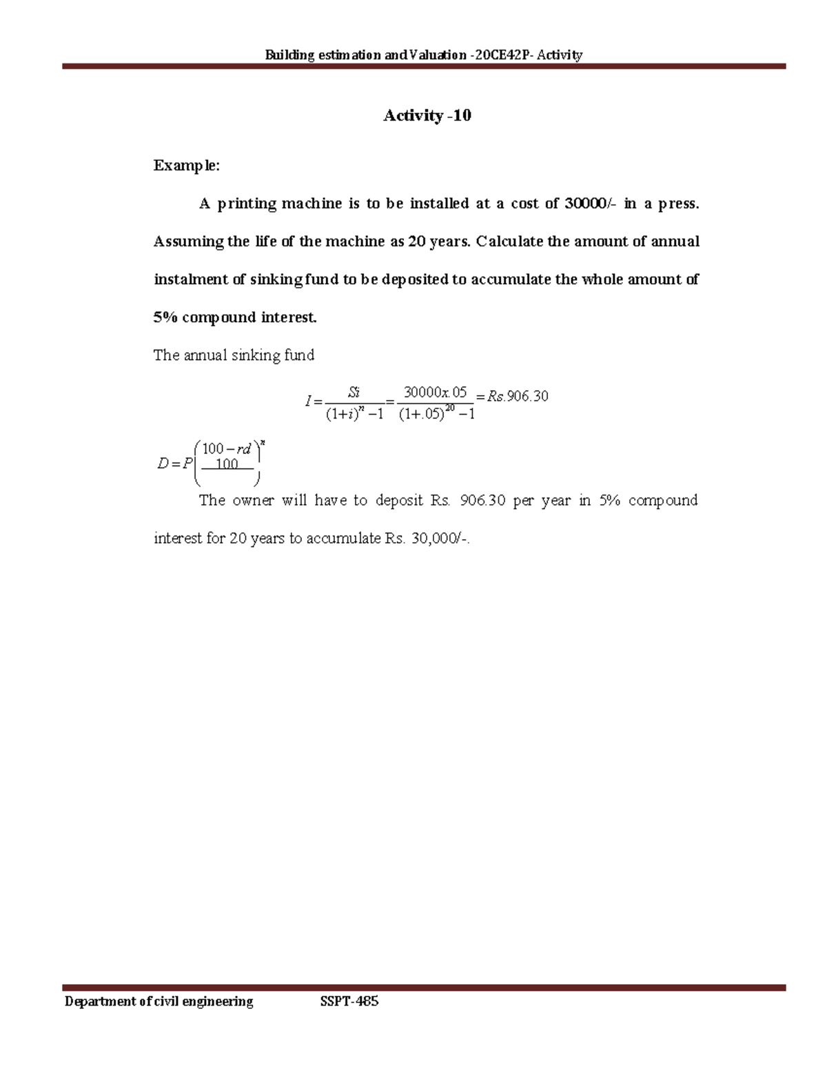 Building Estimation and Valuation Activity (CE 101) - Sinking Fund ...