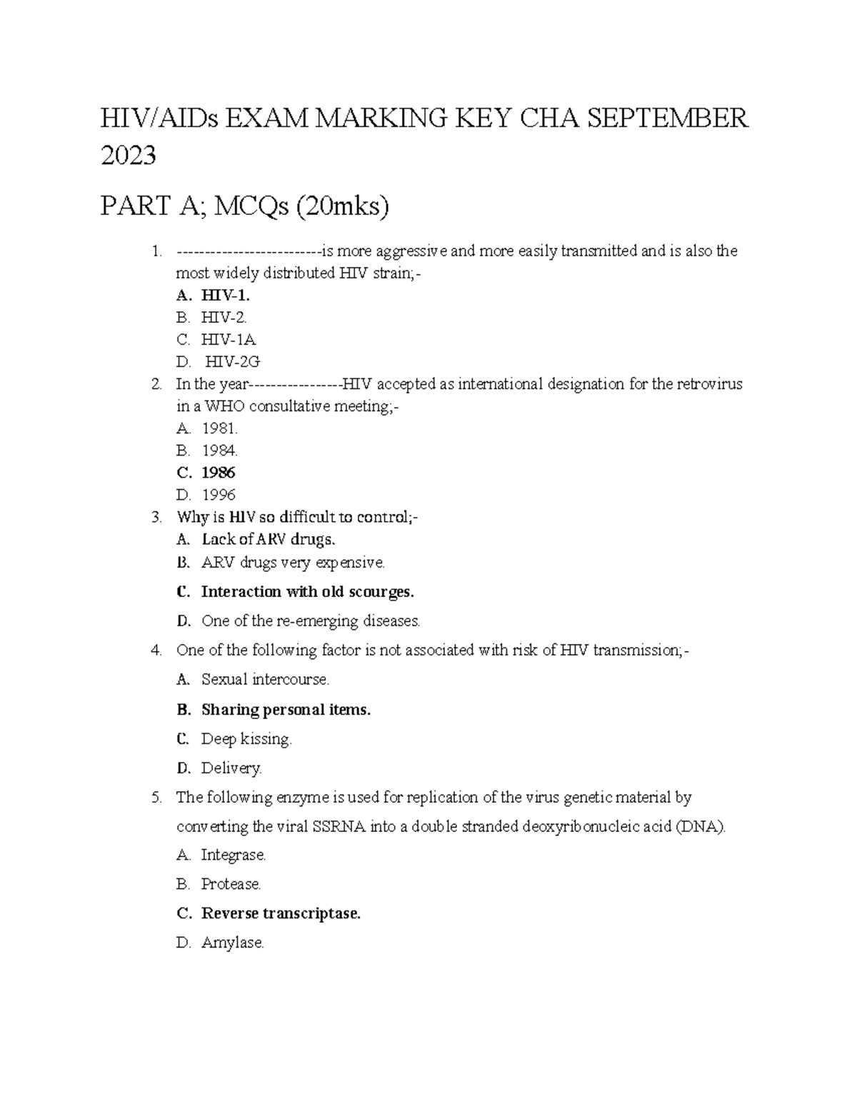 HIV-AIDS-STI EXAM MARKING KEY SEPTEMBER 2023 (MCQs & SAQs) - Studocu