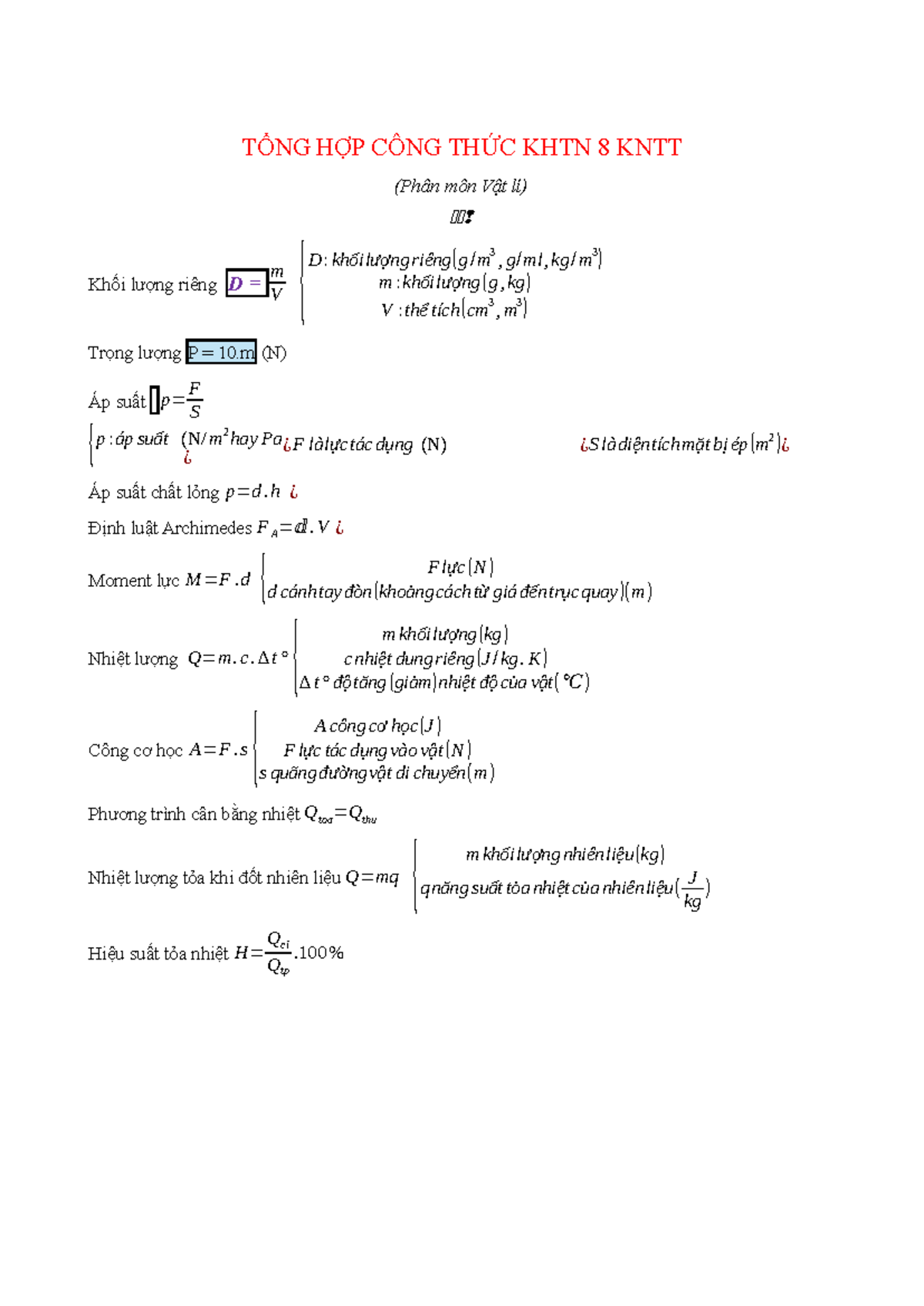 Tổng Hợp Công Thức Vật Lý KHTN 8 KNTT - Ôn Tập Quan Trọng - Studocu