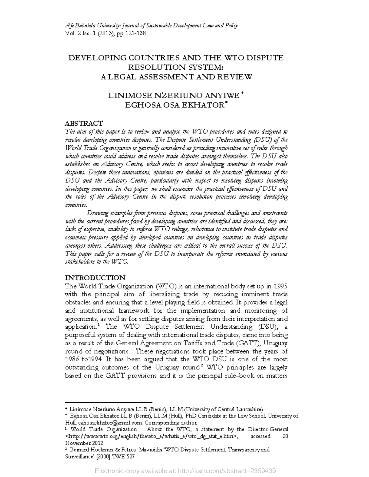 Developing Countries and the WTO Dispute Resolution System: A Legal ...