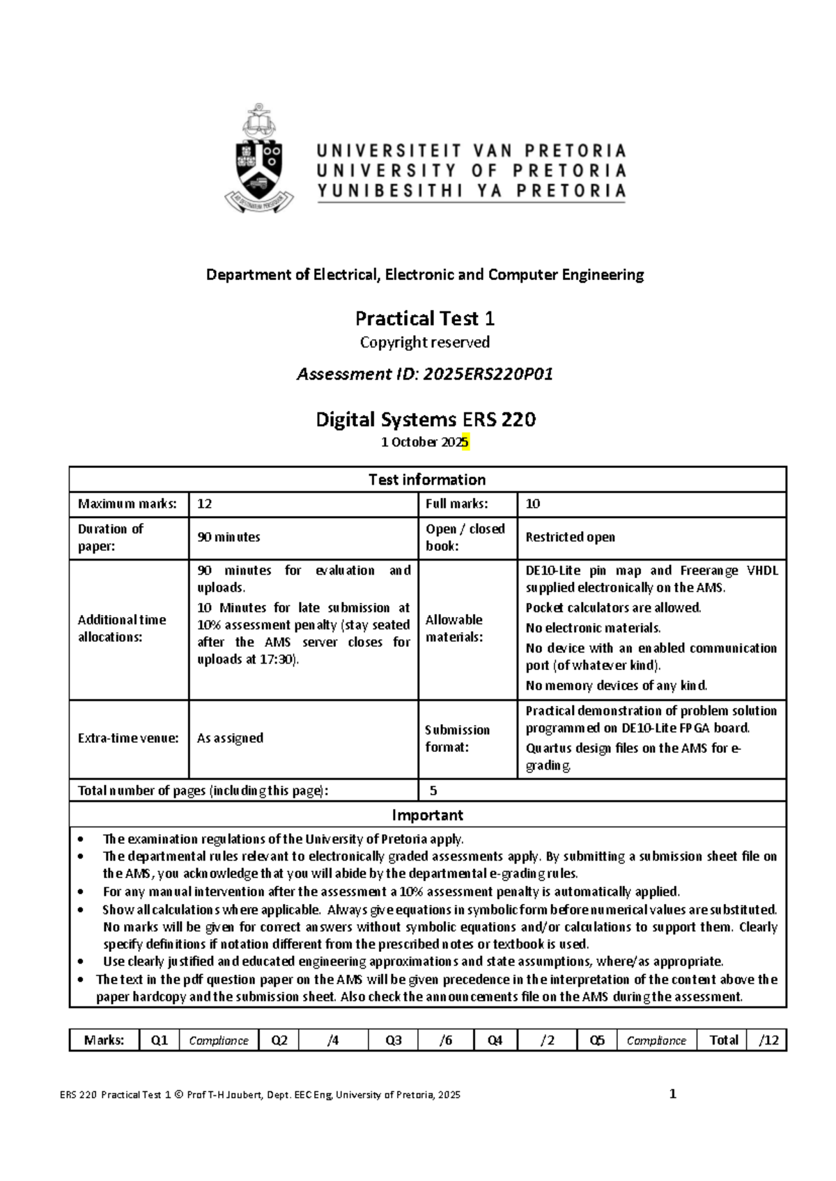2025ERS220P01 - Practical Test 1 for Digital Systems ERS 220 - Studocu