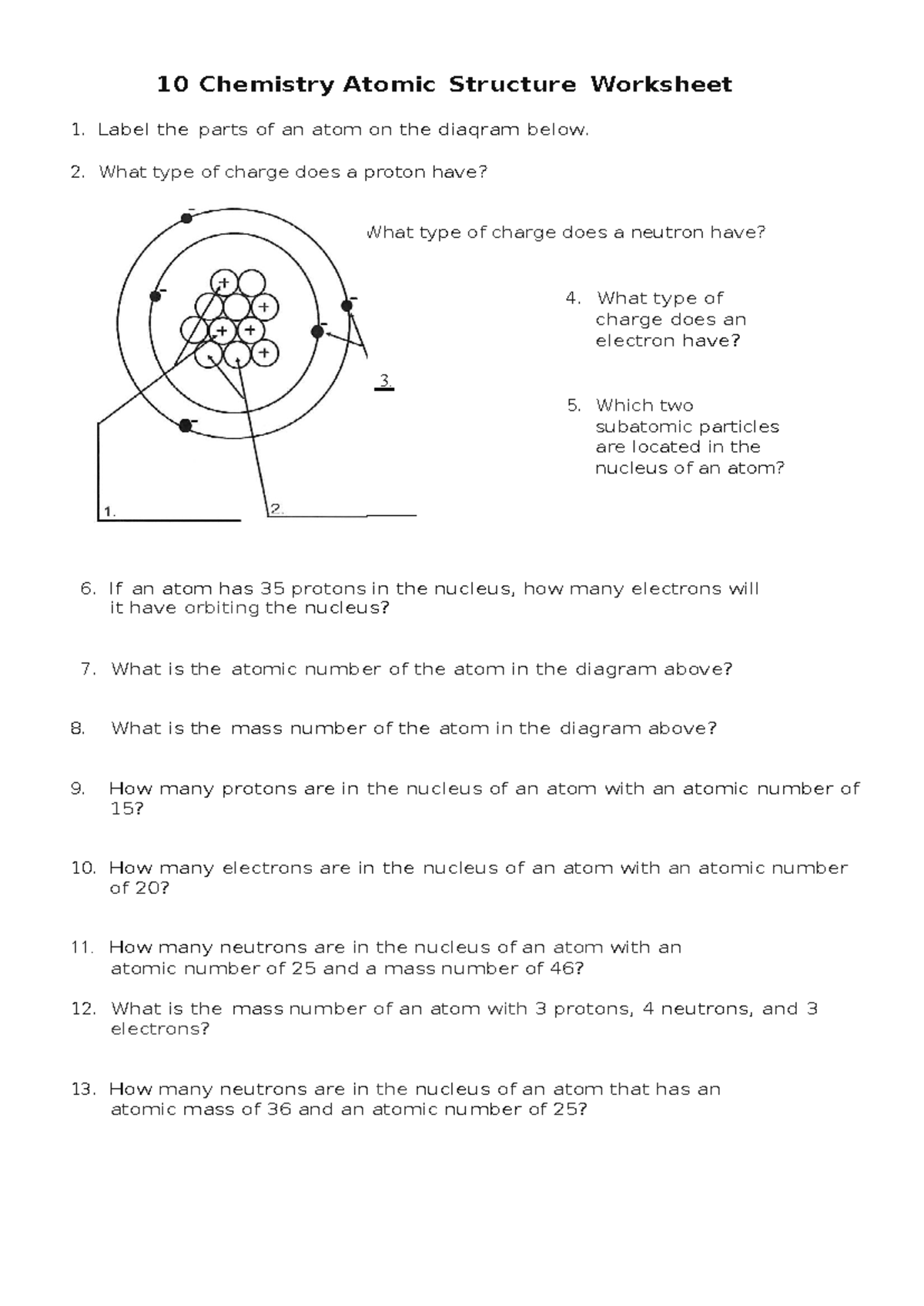 10 Chemistry Atomic Structure Worksheet: Understanding Atoms and ...
