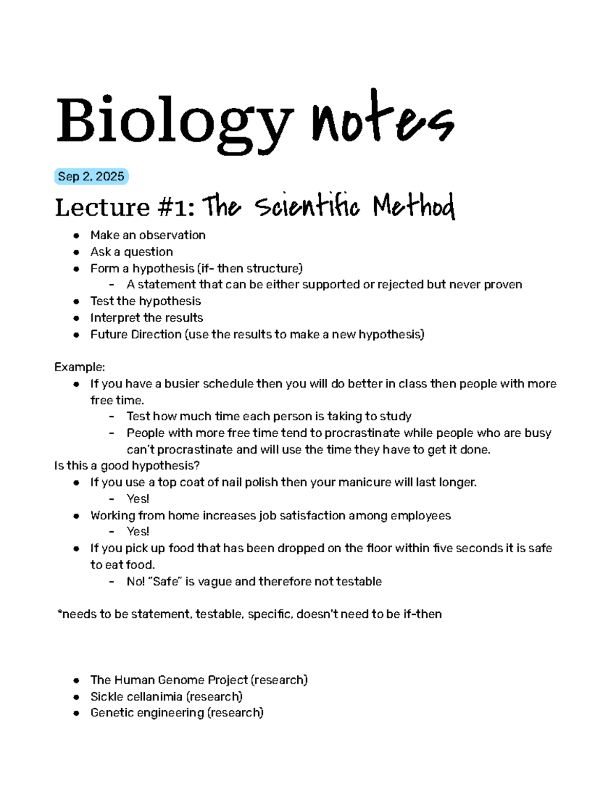 Biology 101 Lecture Notes: Scientific Method, Biochemistry & Evolution ...