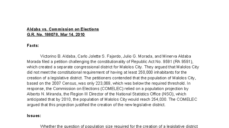 Aldaba vs. COMELEC G.R. No. 188078: Constitutional Ruling on RA 9591 ...