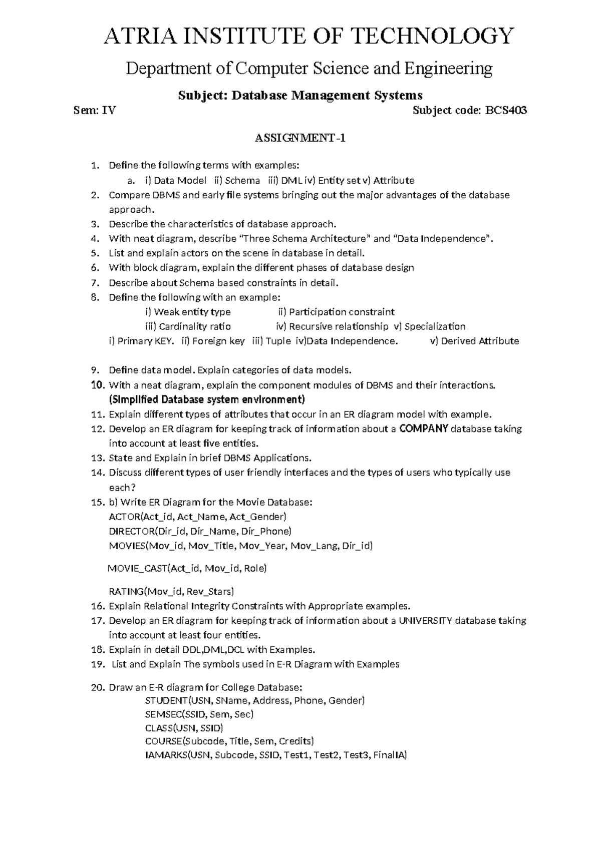 DBMS Assignment -1 Question Bank (BCS IV Sem) - Studocu